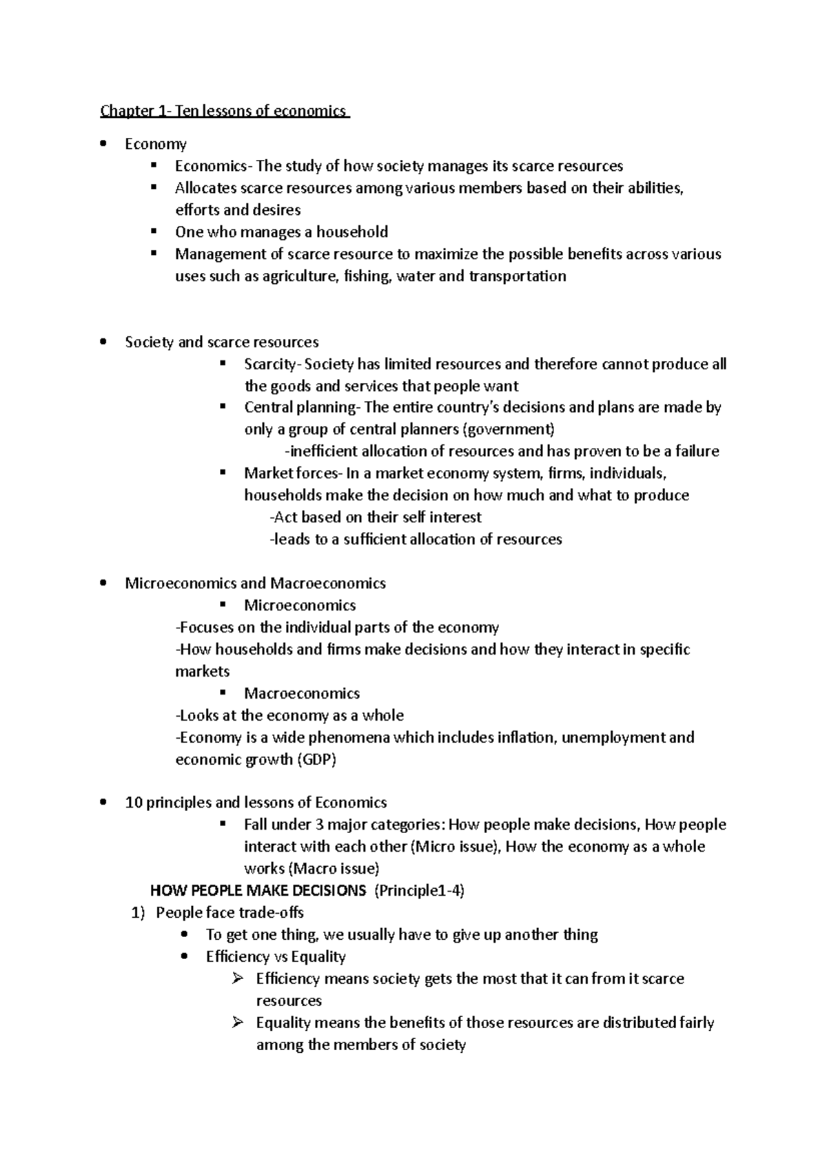 ECW 1101 - Lecture notes 1-12 - Chapter 1- Ten lessons of economics ...