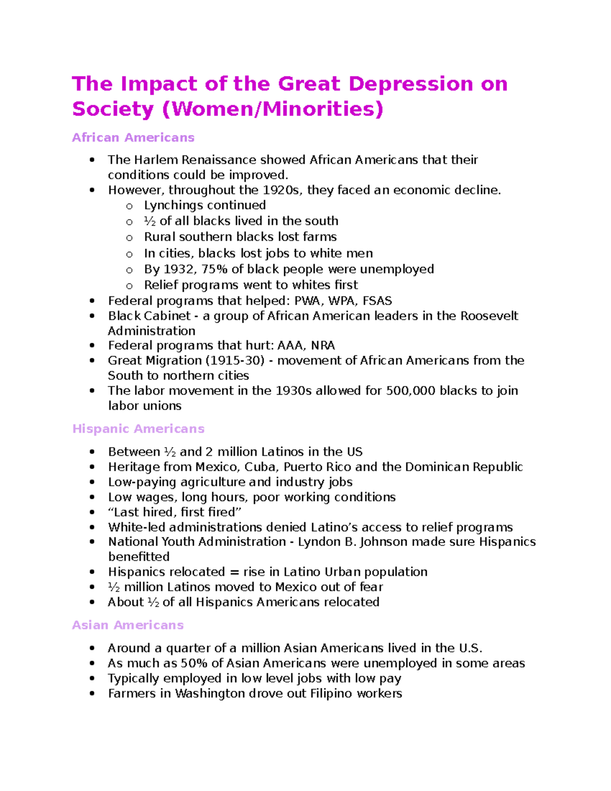 The Impact of the Great Depression on Society (Women & Minorities ...