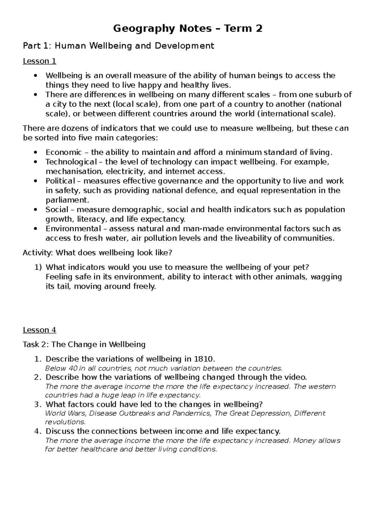 Geo notes term 2 - Geography Notes – Term 2 Part 1: Human Wellbeing and ...