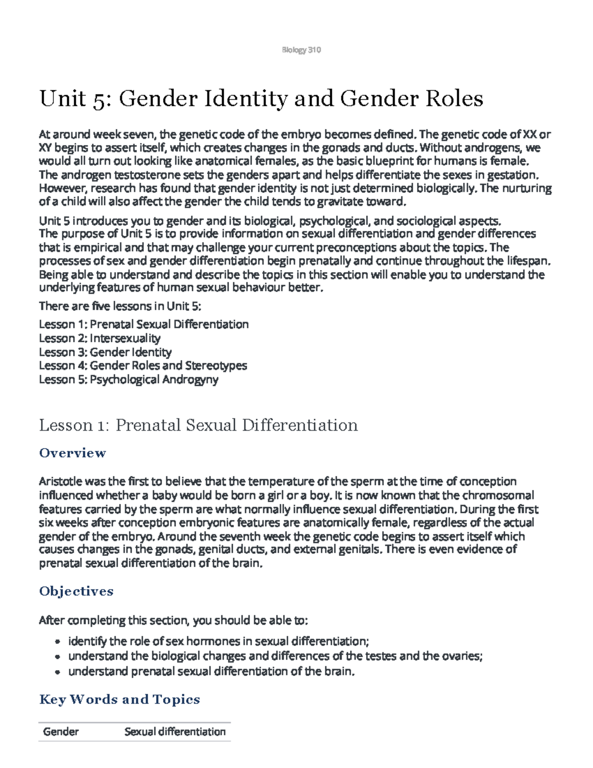 BIOL 310 C4 - Study Guide Unit 5 - Unit 5: Gender Identity and Gender ...