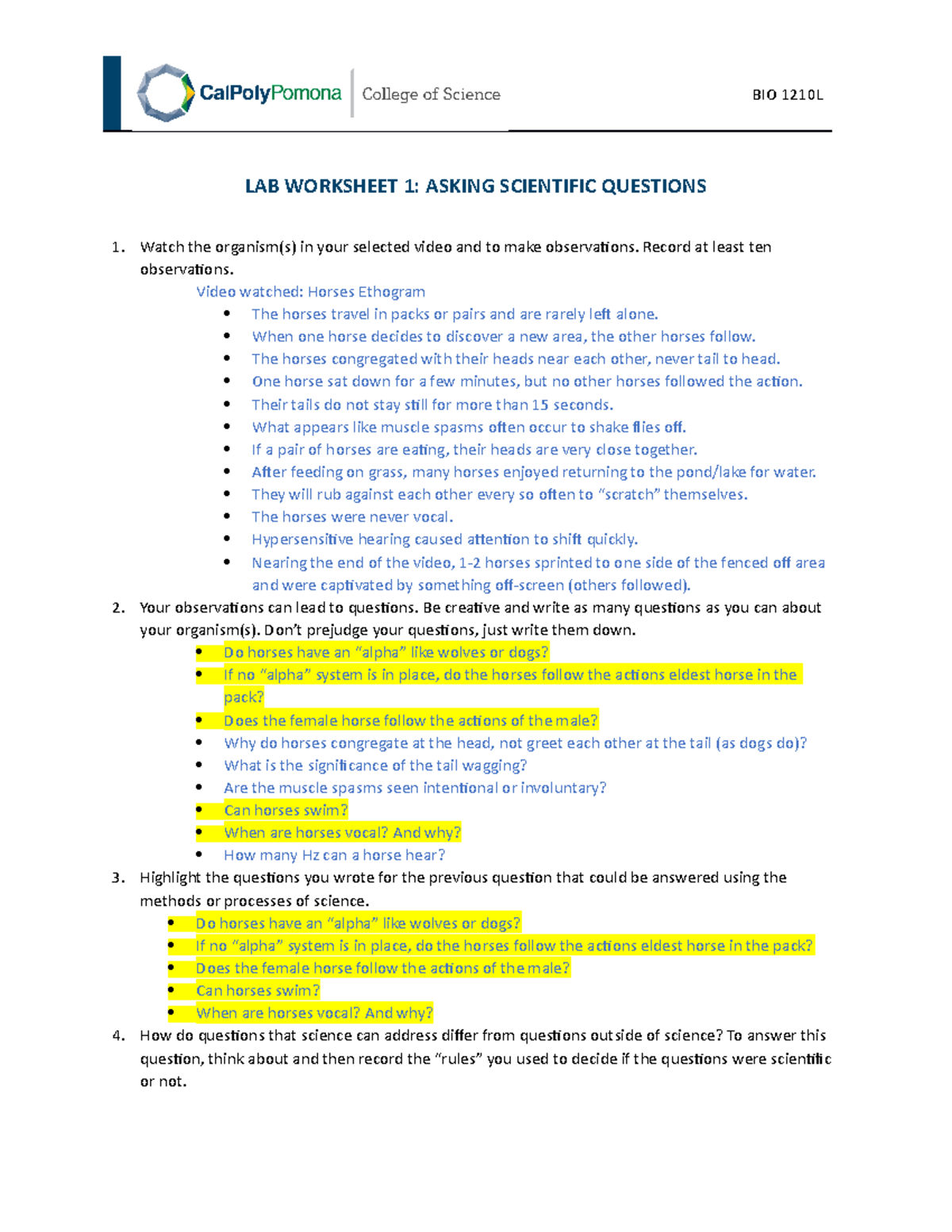 Lab Worksheet 1 - BIO1210 Lab - BIO 1210L LAB WORKSHEET 1: ASKING ...