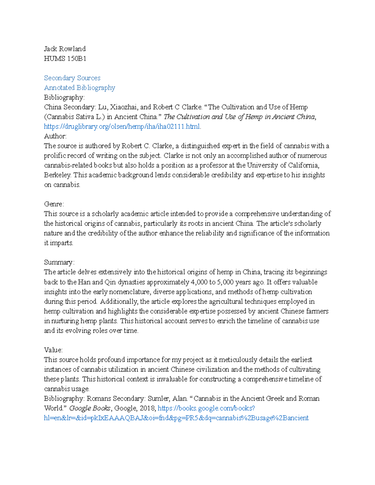 Annotated Bibliography-Rowland - Jack Rowland HUMS 150B Secondary ...
