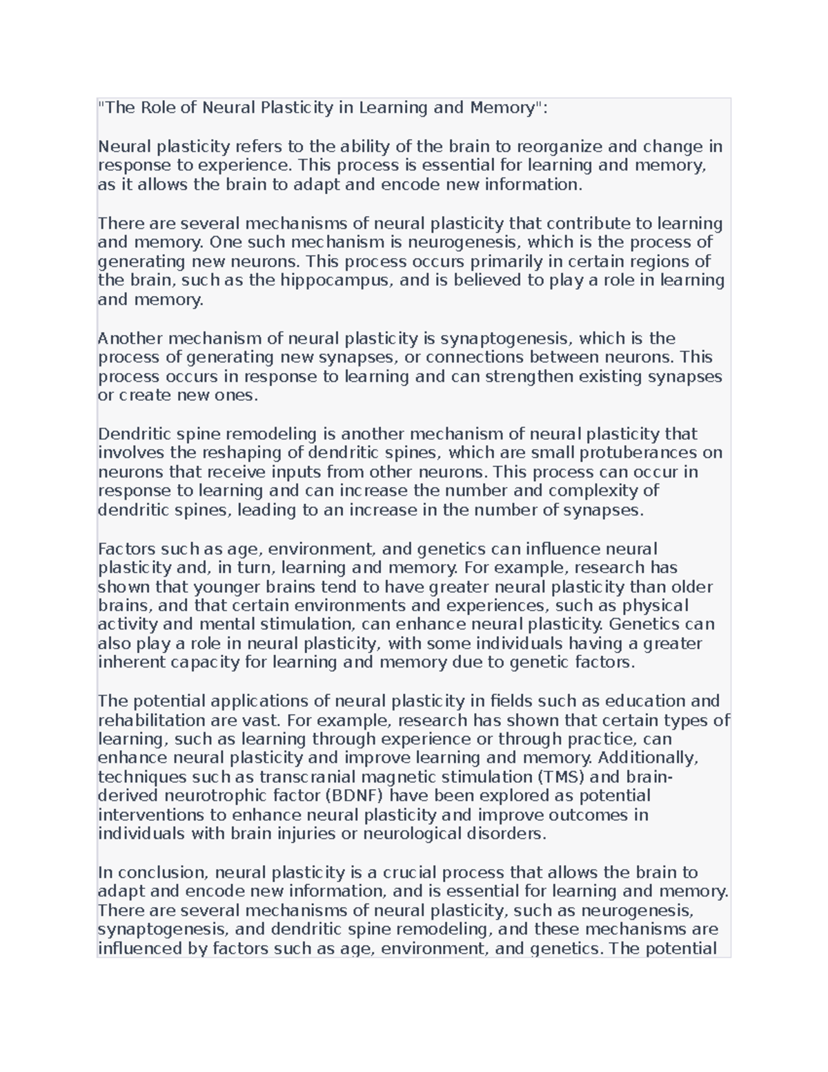 The Role of Neural Plasticity in Learning and Memory - "The Role of ...