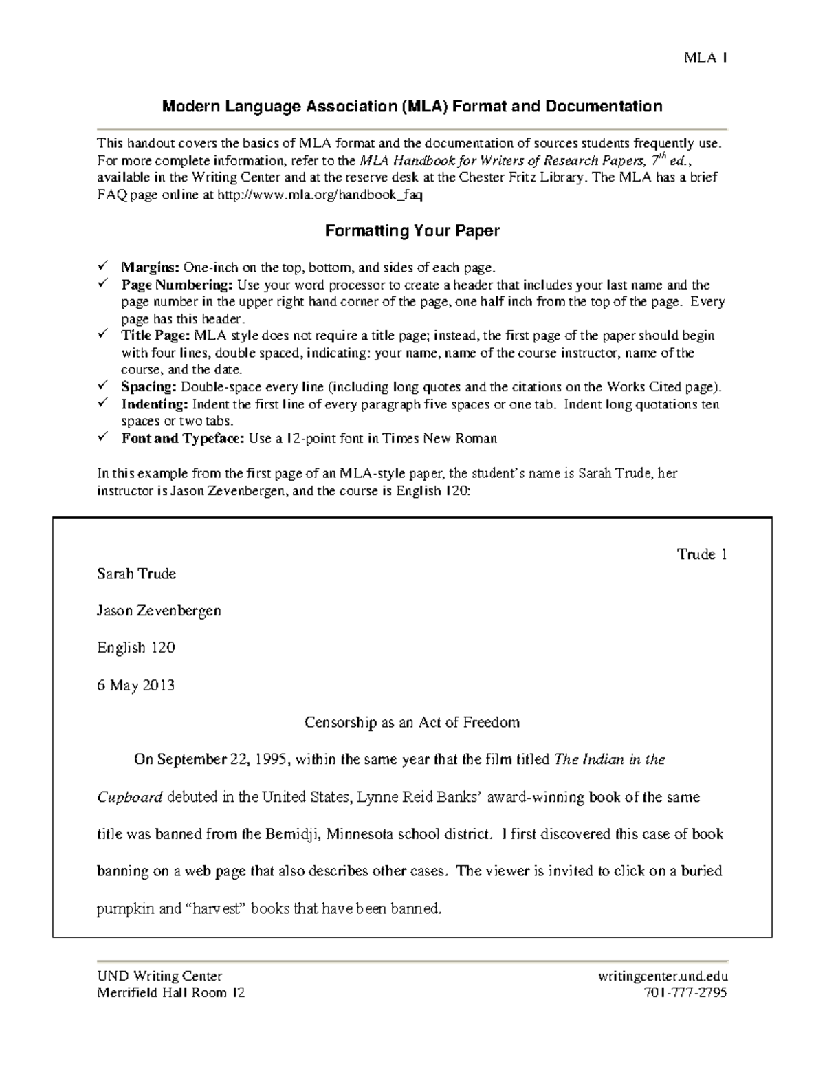 Mla format and documentation - UND Writing Center writingcenter.und ...