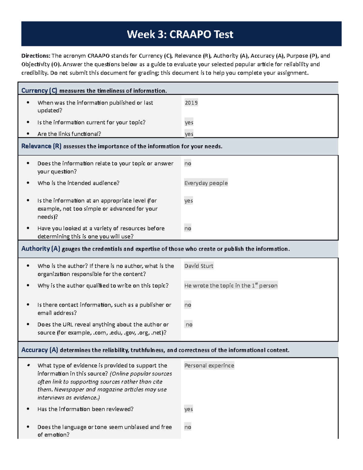 Week 3 Craapo Test - assignment - Directions: The acronym CRAAPO stands ...