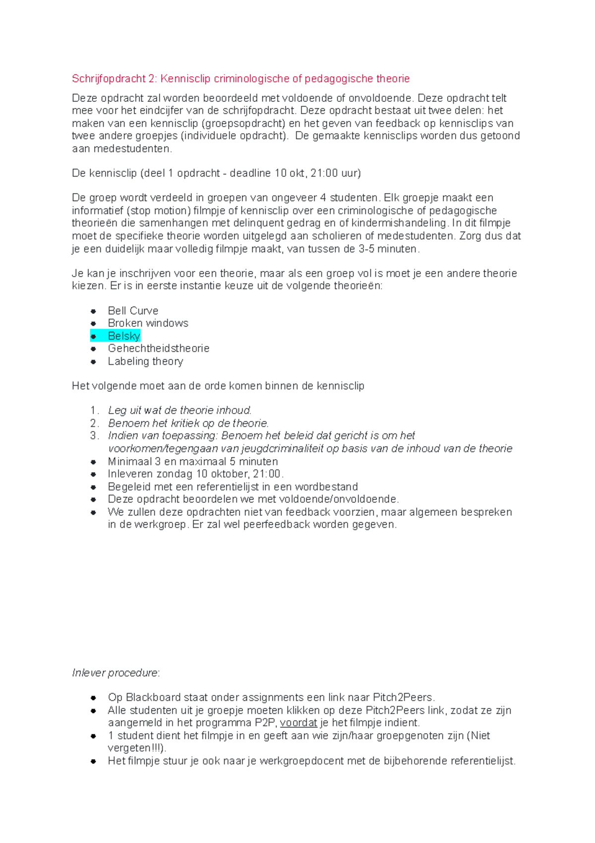 Schrijfopdracht 2 Kennisclip Theorie van Belsky - Schrijfopdracht 2 ...