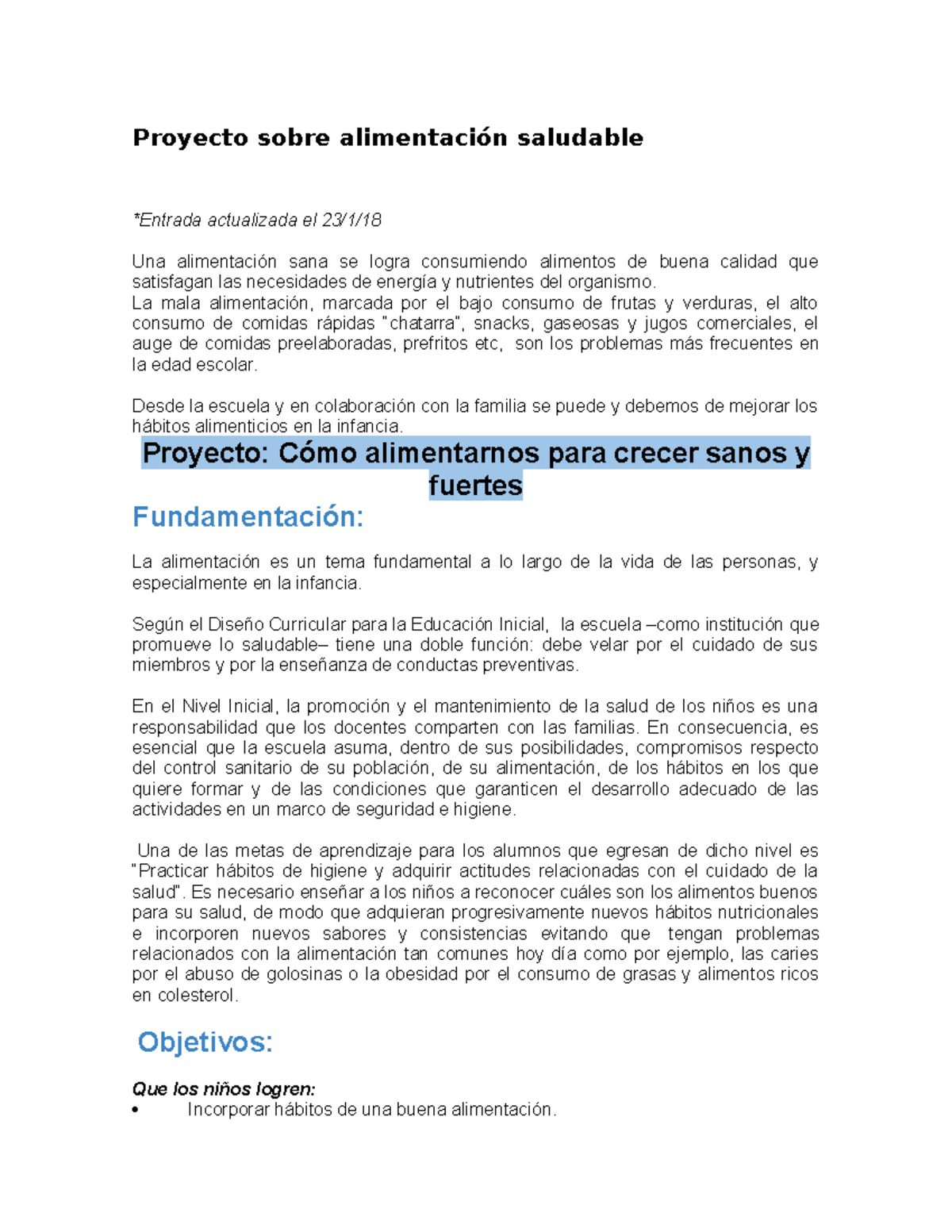 Proyecto sobre alimentación saludable - Proyecto sobre alimentación ...