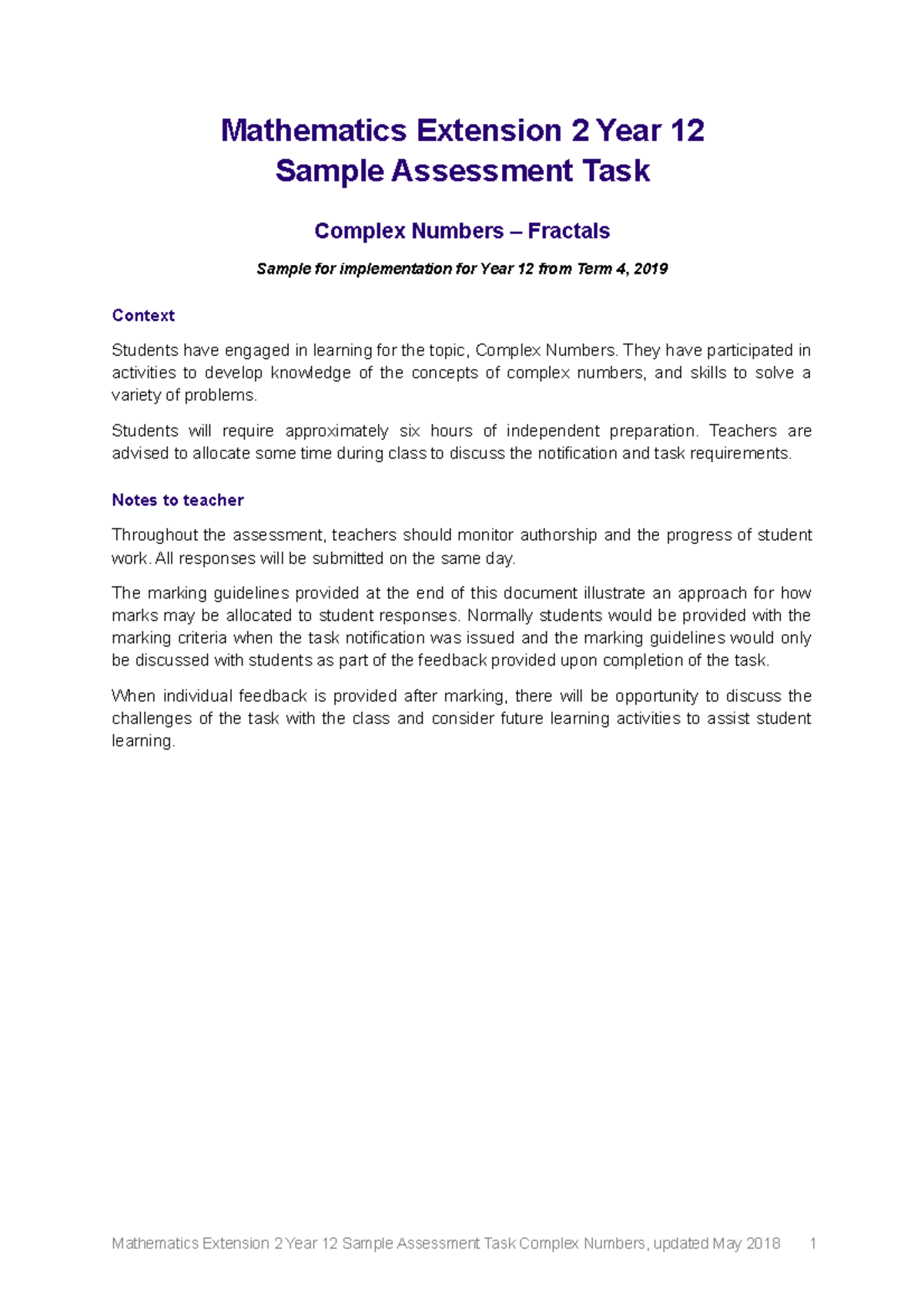 Mathematics extension 2 year 12 sample assessment task complex numbers ...
