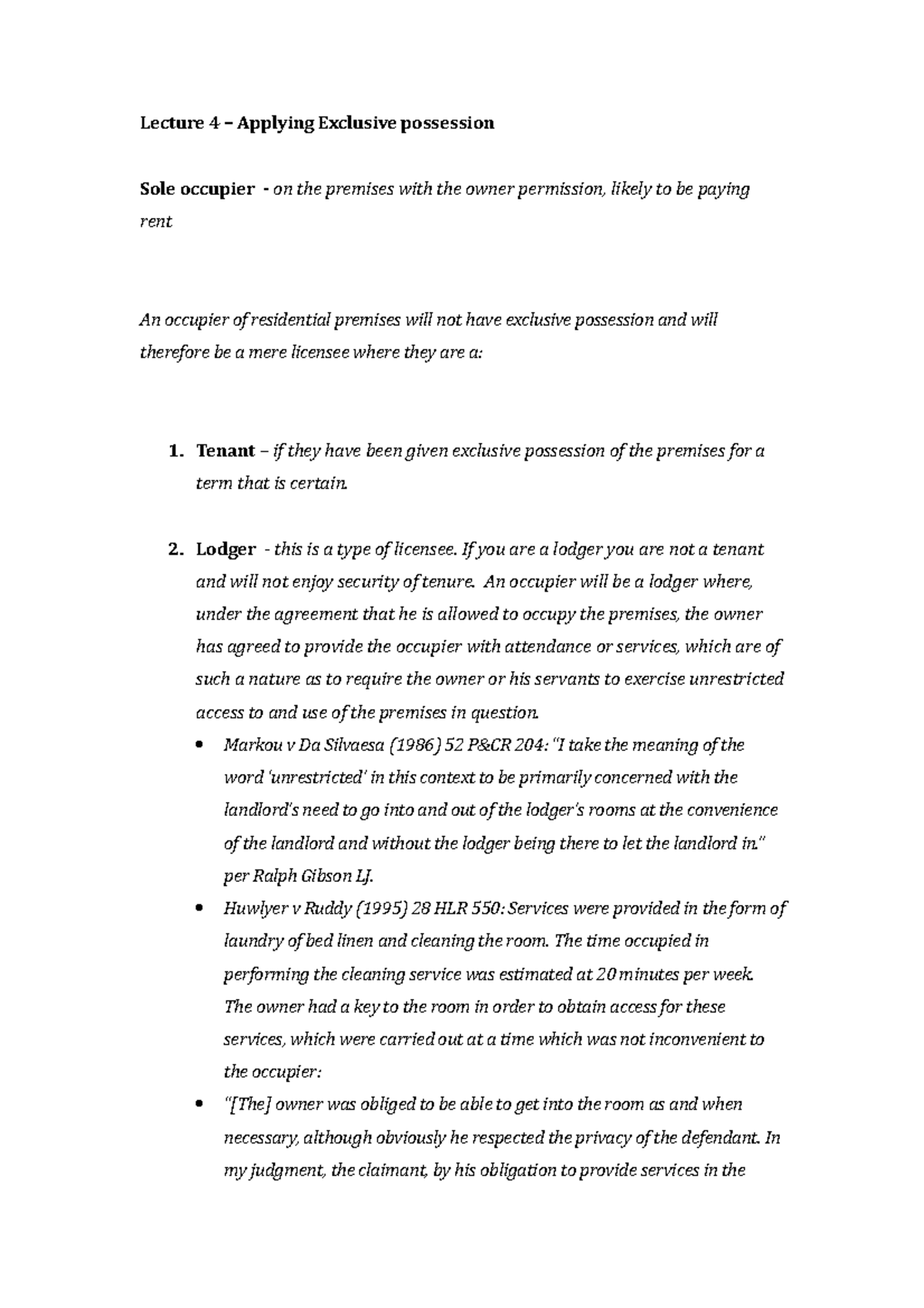 Lecture 4 – Applying Exclusive possession - Lecture 4 – Applying ...