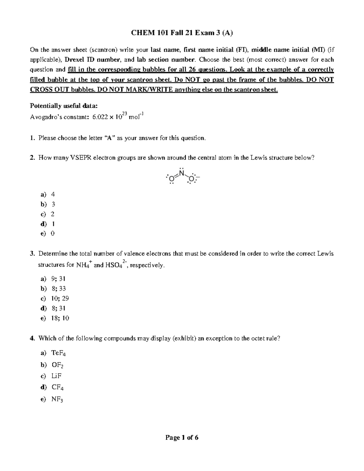 Chem 101 Fall 2021 Exam 3 - CHEM 101 Fall 21 Exam 3 (A) On the answer ...