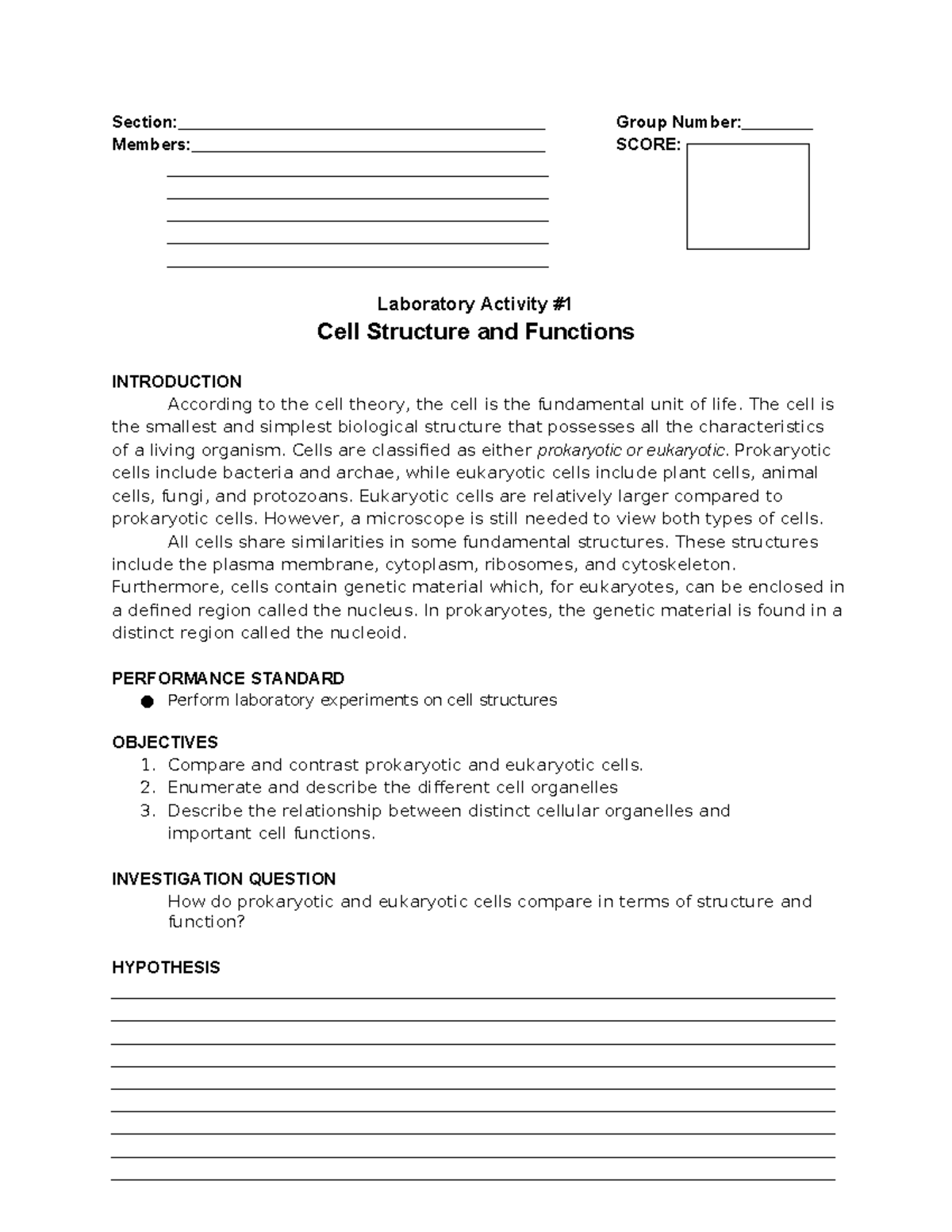 Lab Act 1 Cell Structures Vary - Section: Group Number: Members: SCORE ...