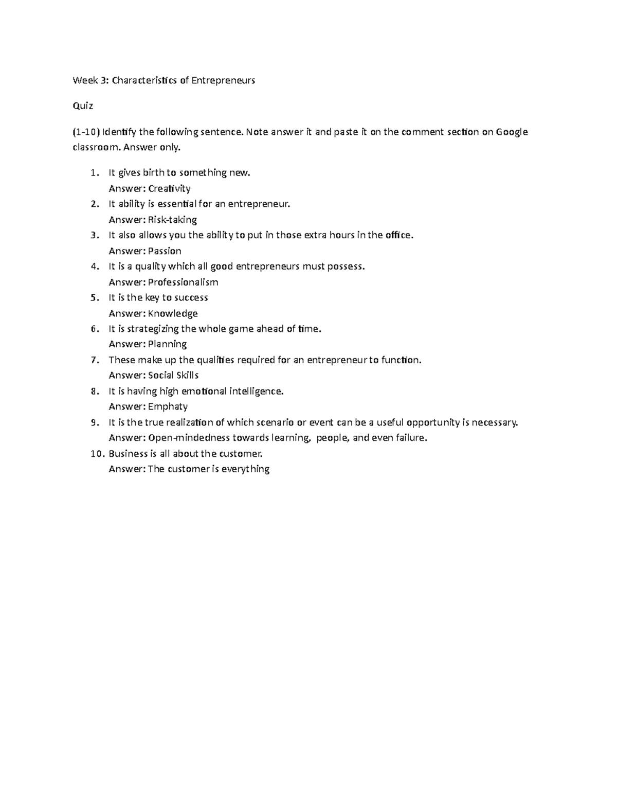 Entrep quiz - wew - Week 3: Characteristics of Entrepreneurs Quiz (1-10 ...