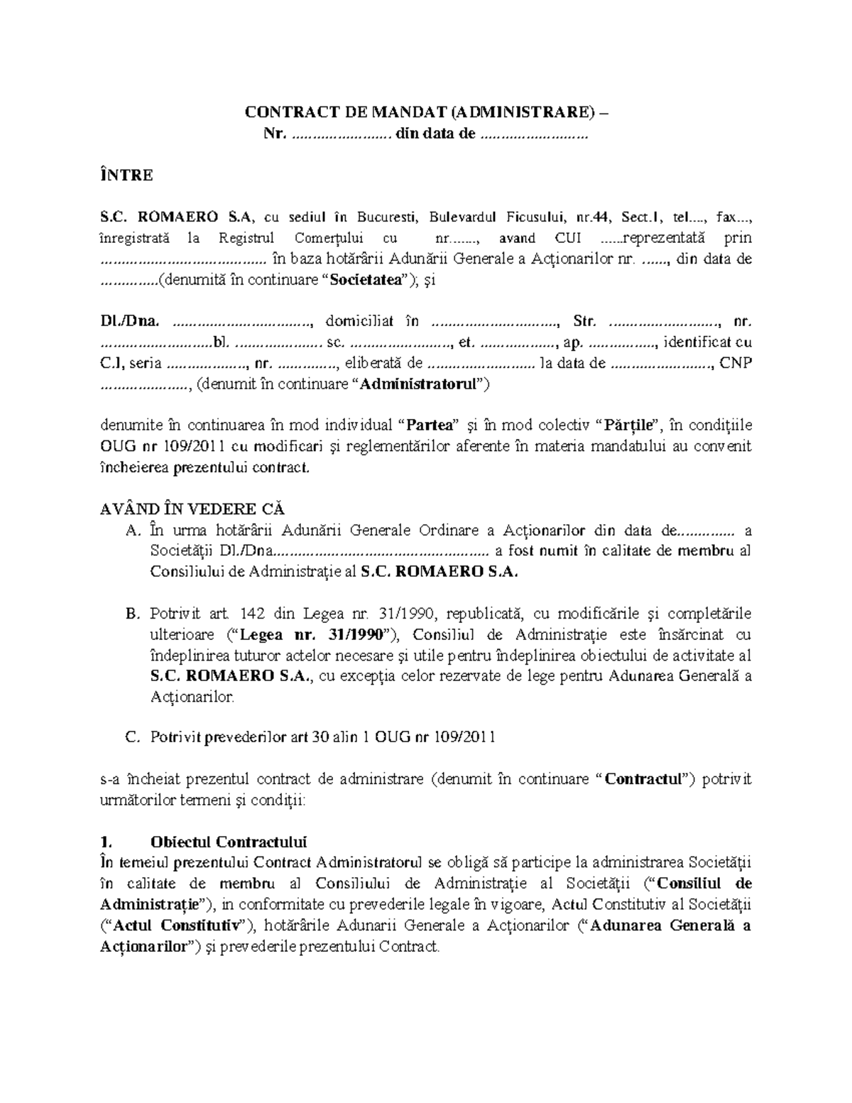 Contract mandat CA Propunere - CONTRACT DE MANDAT (ADMINISTRARE) – Nr
