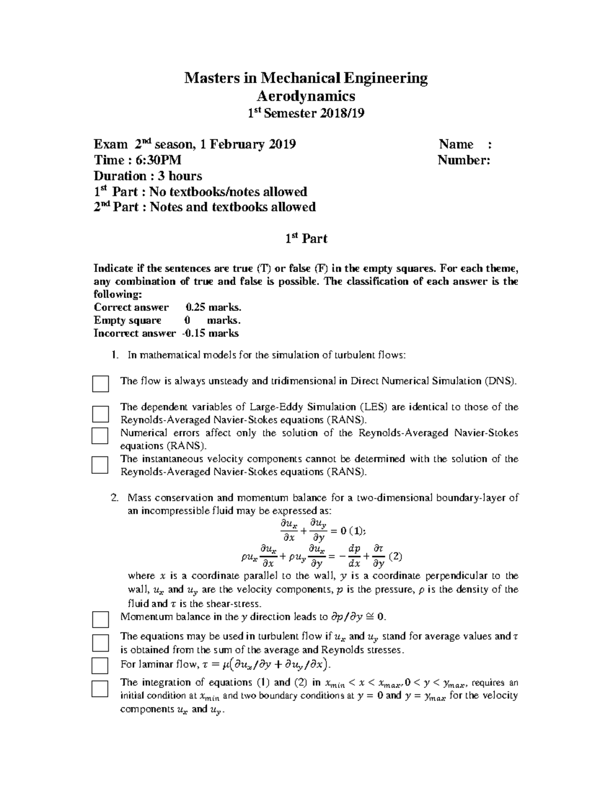 2º Exame 2018/19 - Masters in Mechanical Engineering Aerodynamics 1 st ...