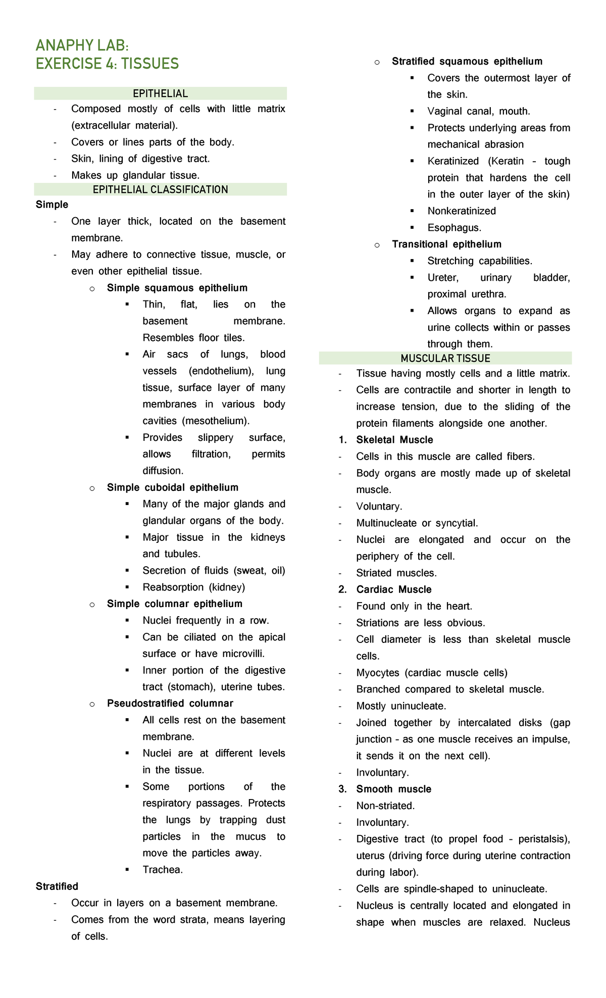 Anaphy LAB - 4 and 5 - ANAPHY LAB: EXERCISE 4: TISSUES EPITHELIAL ...