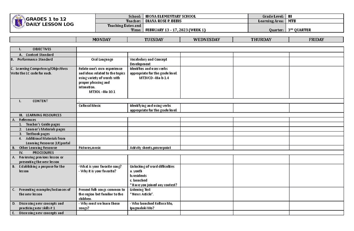 DLL MTB 3 Q3 W1 - so interesting - GRADES 1 to 12 DAILY LESSON LOG ...