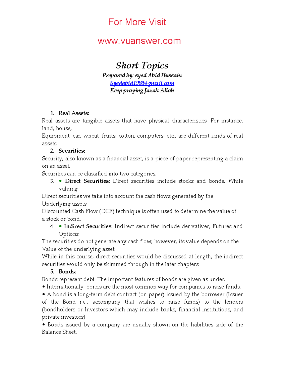 MGT201 Short Notes (VUAnswer - Short Topics Prepared by: syed Abid ...