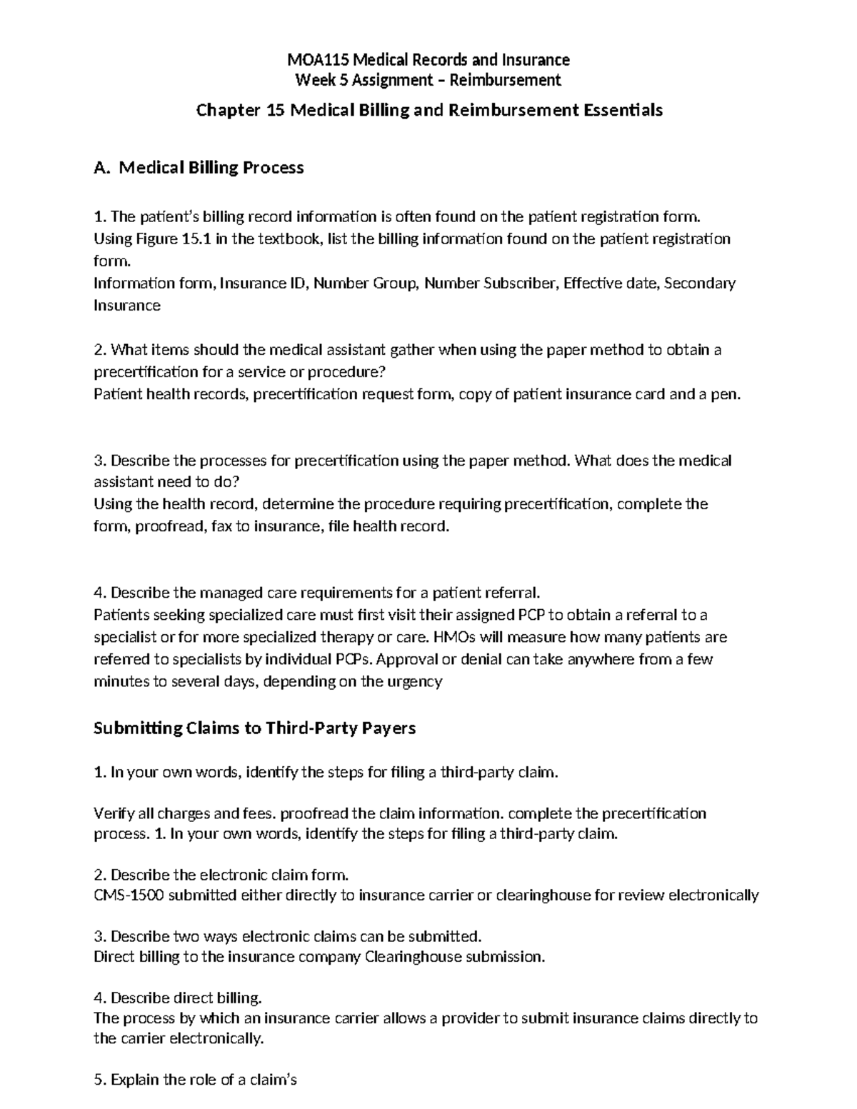 Week 5 Assignment Worksheet 15e - MOA115 Medical Records and Insurance ...