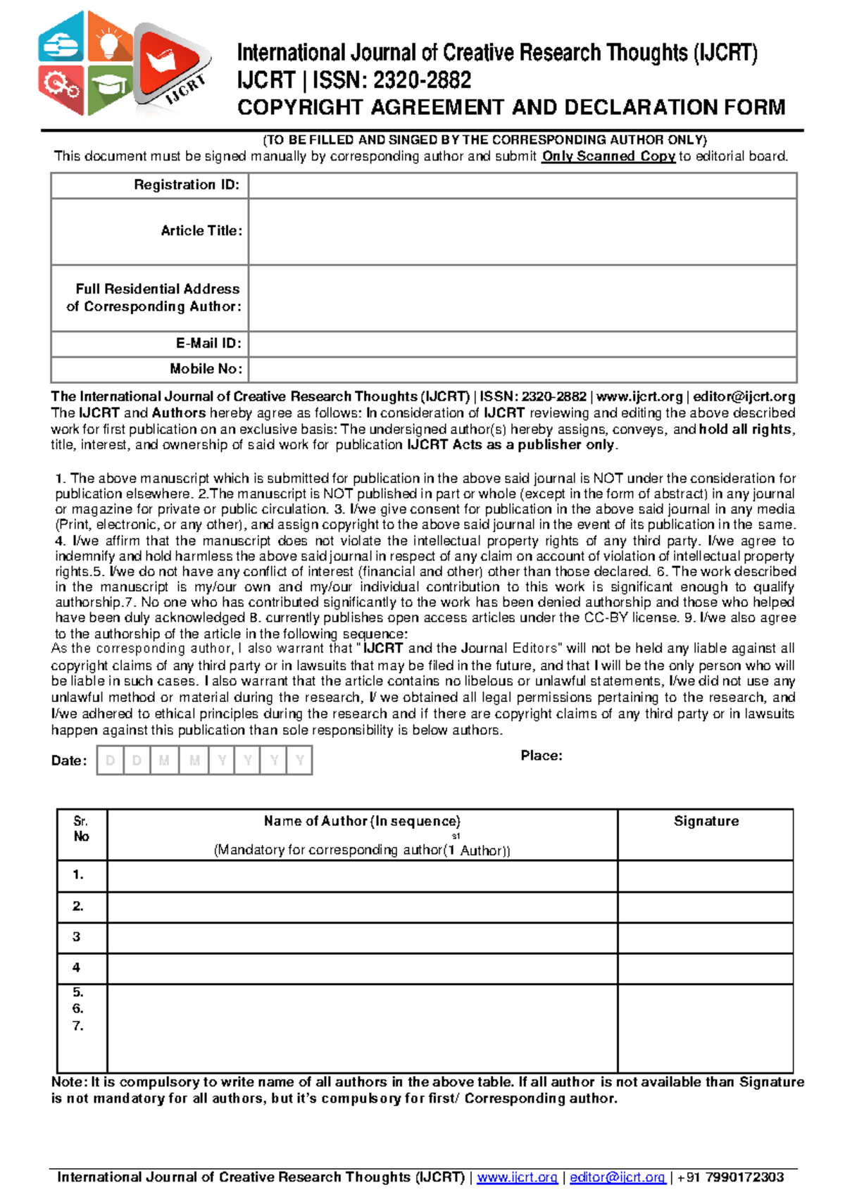 Ijcrt Copyright Transfer Form - International Journal of Creative Research Thoughts (IJCRT ...