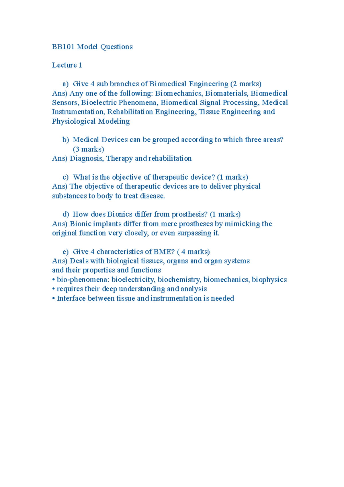 BB101 Model Questions RS Part - BB101 Model Questions Lecture 1 a) Give ...