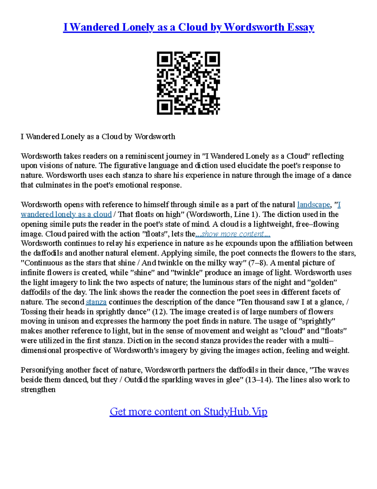 I Wandered Lonely As A Cloud Essay - I Wandered Lonely as a Cloud by ...