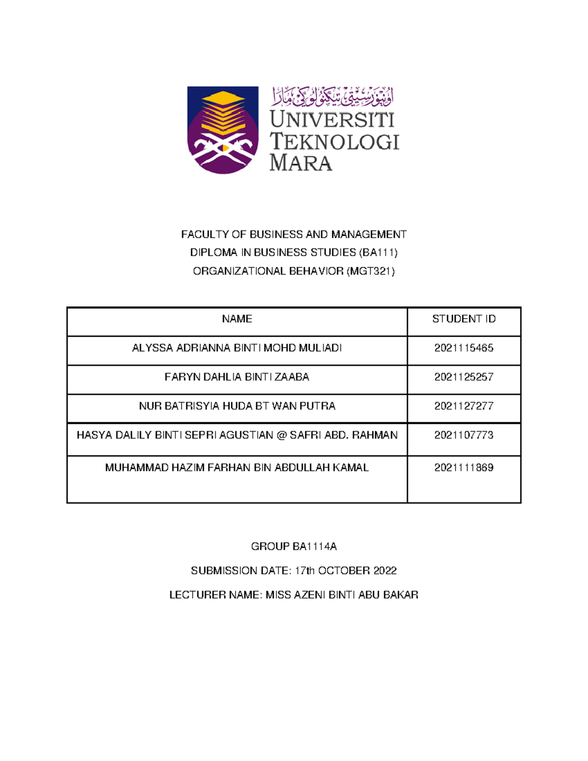 BA1114A Group 2 Group Assignment 2 - FACULTY OF BUSINESS AND MANAGEMENT DIPLOMA IN BUSINESS ...