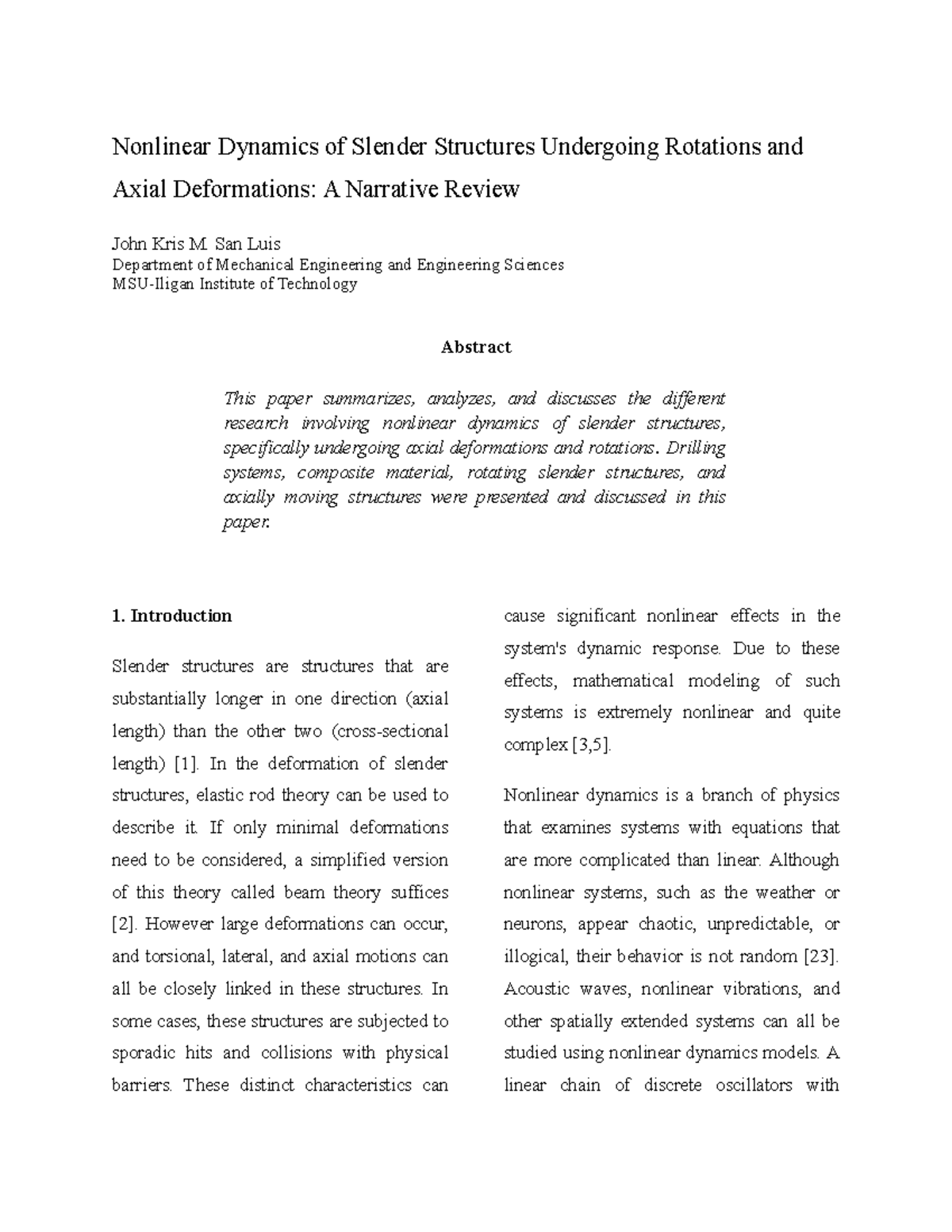 MEC 198 Review Paper - Nonlinear Dynamics of Slender Structures Undergoing Rotations and Axial ...