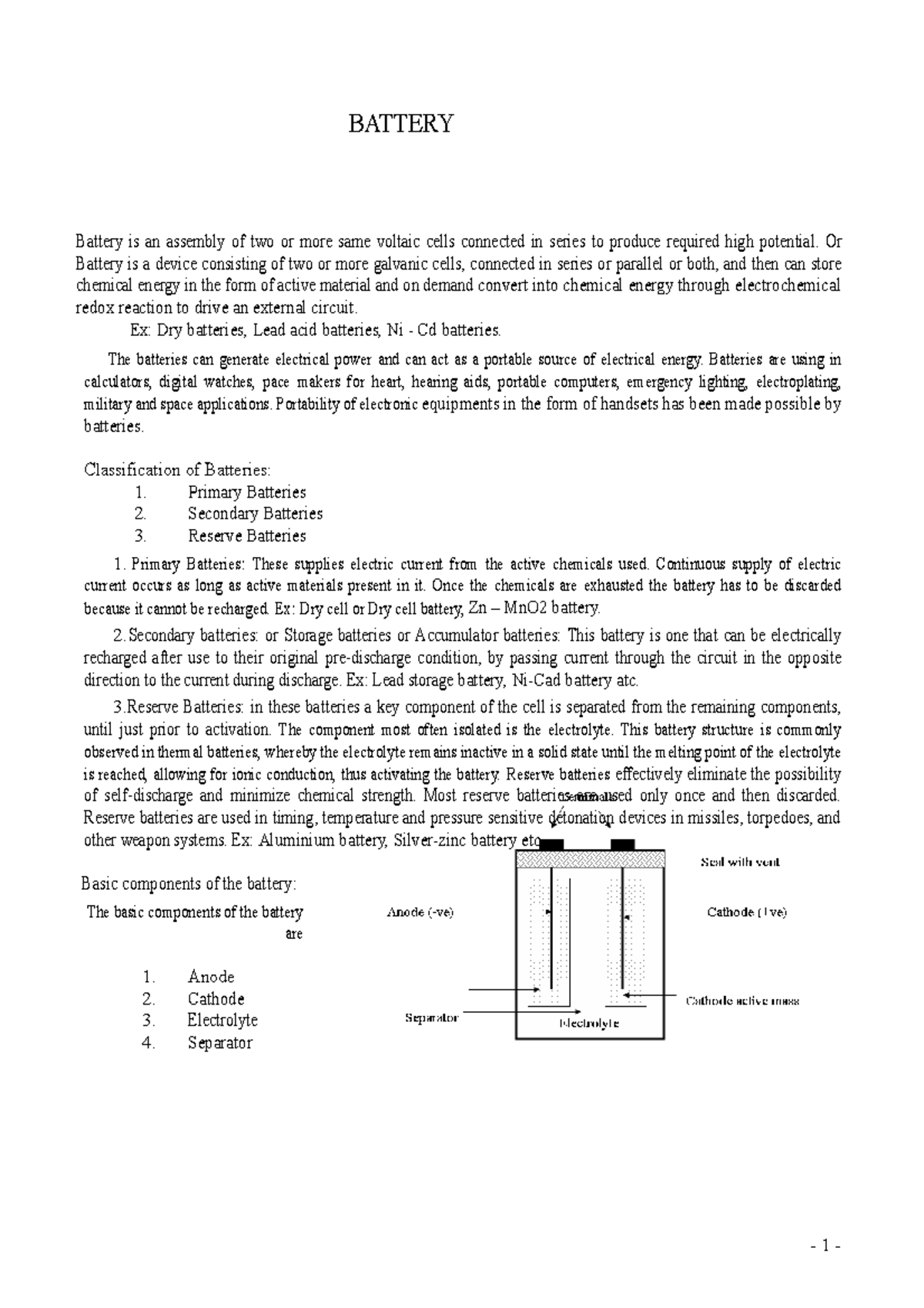 Battery Technology 2021-converted - BATTERY Battery is an assembly of ...
