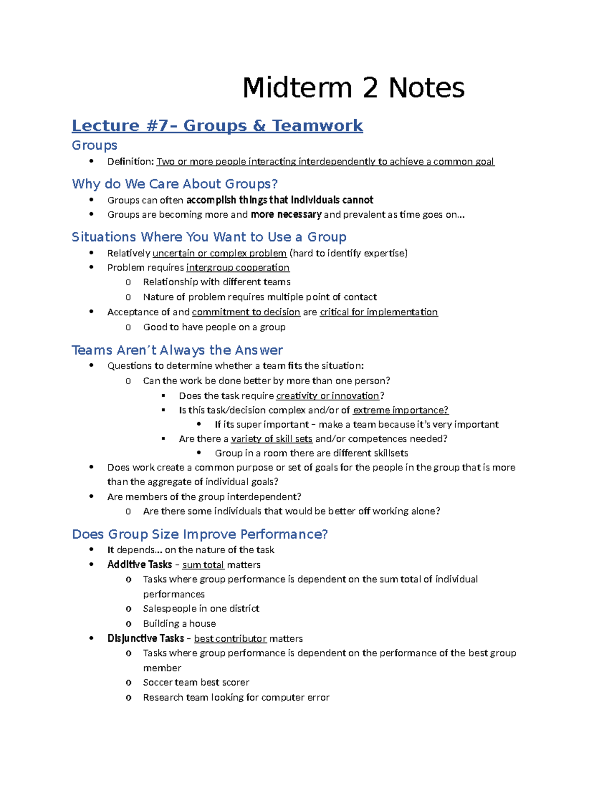 OB midterm notes-1 - BU288 Midterm 2 Notes Lecture #7– Groups ...
