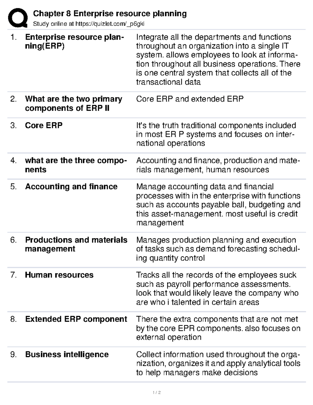 CH8 - WDSCV - Chapter 8 Enterprise resource planning Study online at quizlet/_p6gki Enterprise ...