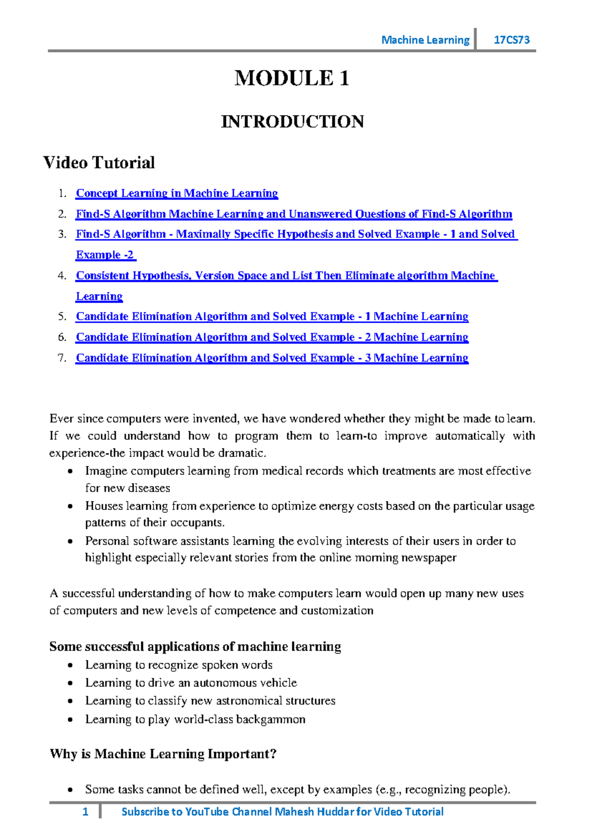 17cs73 Machine Learning Notes Vtupulse Module 1 Introduction Video Tutorial Concept