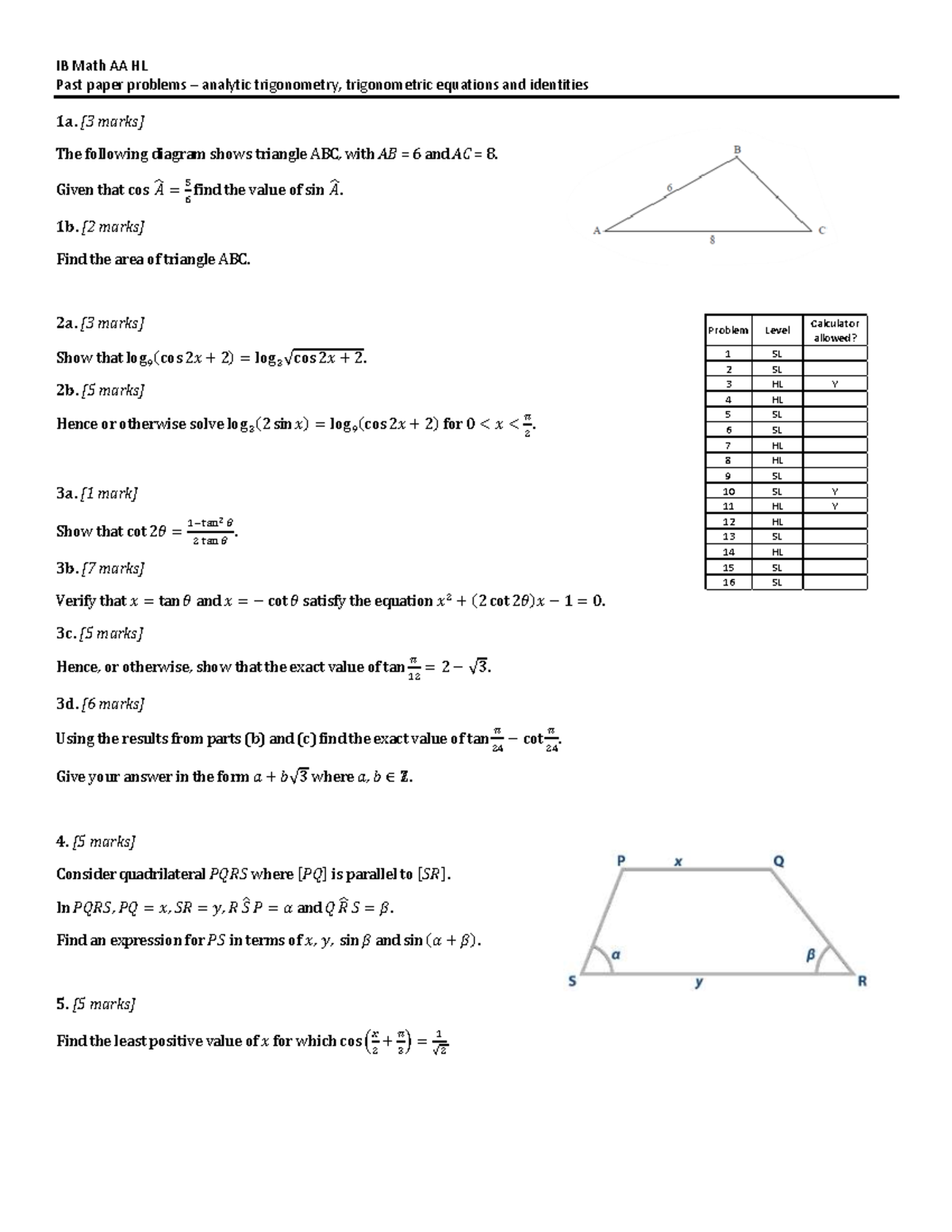 Trig past paper problems - IB Math AA HL Past paper problems – analytic ...