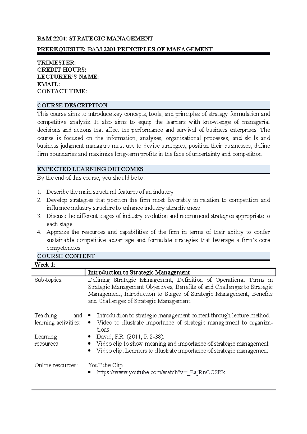 Strategic Mgt. Course Outline structure - bcom degree - KCAU - Studocu