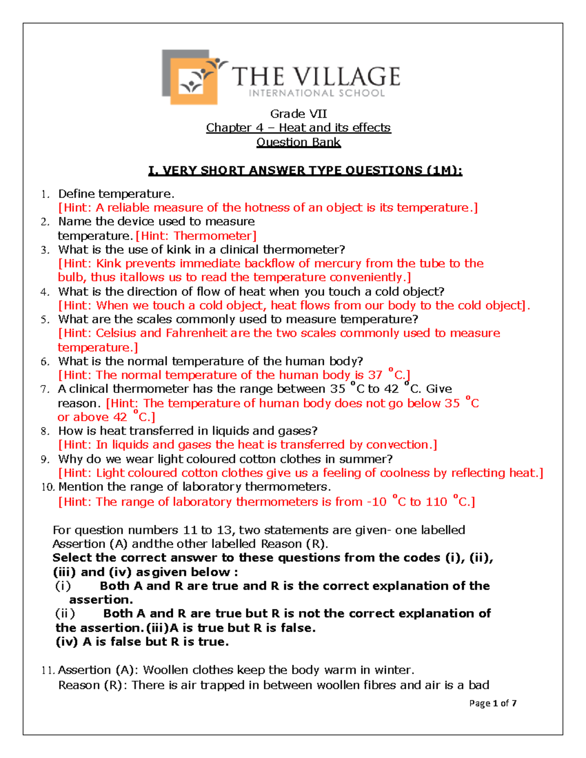 Class 7 - Science - HEAT - WS - Grade VII Chapter 4 – Heat and its ...