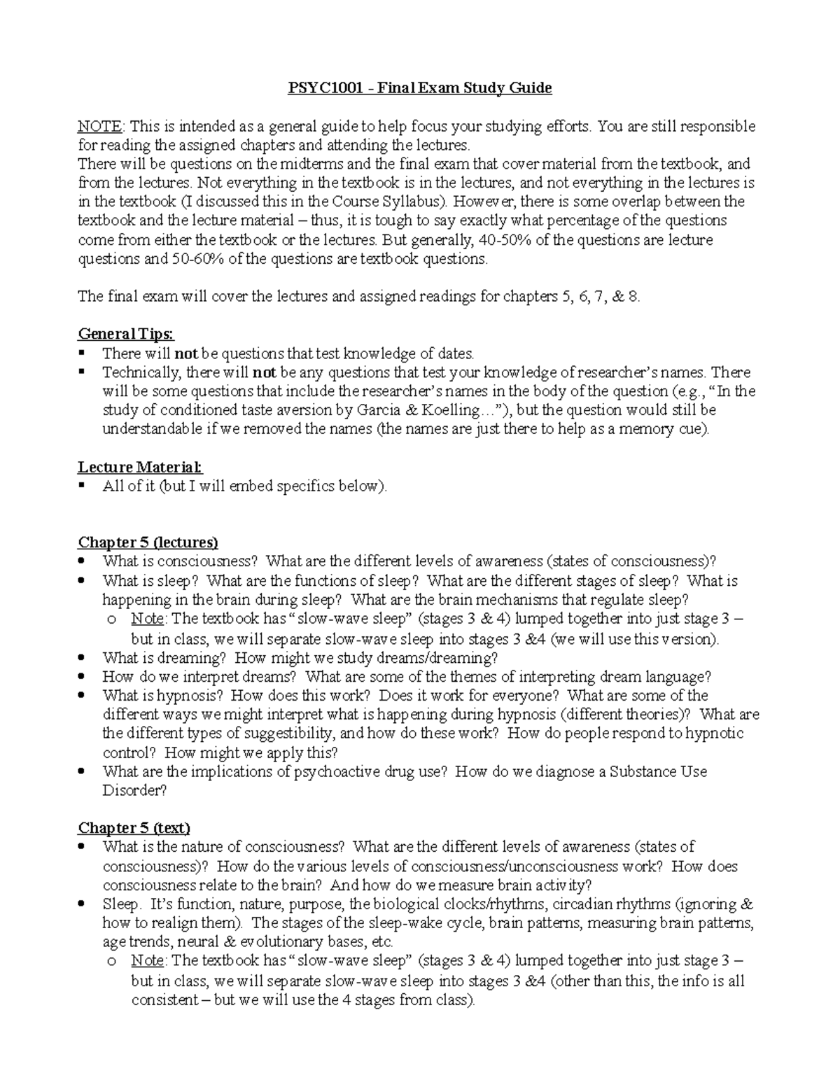 PSYC1001 Final Exam Study Guide Fall 2022 - PSYC1001 - Final Exam Study Guide NOTE: This is ...