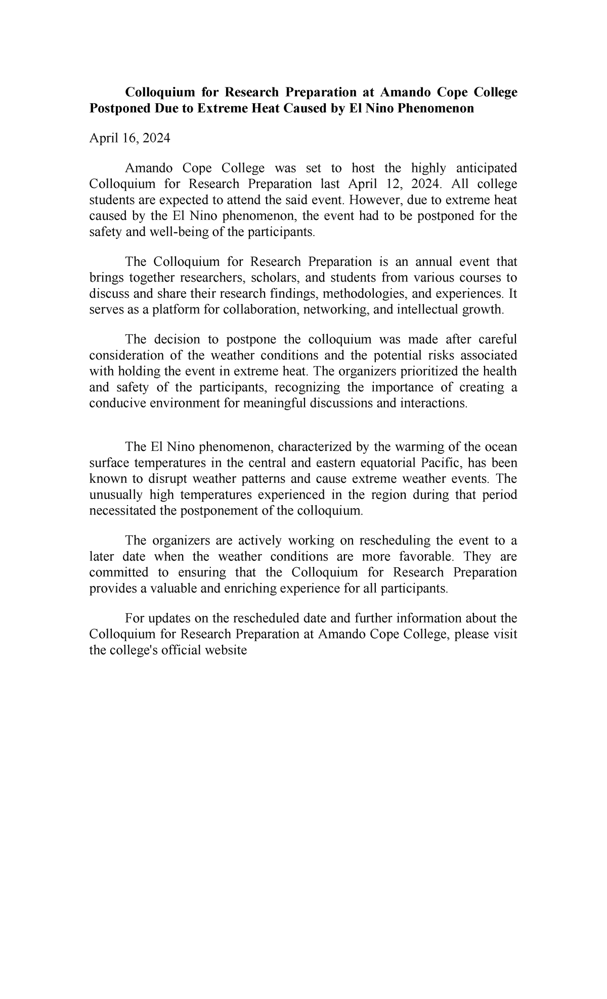 NEWS ARTICLE for campus journalism - Colloquium for Research ...