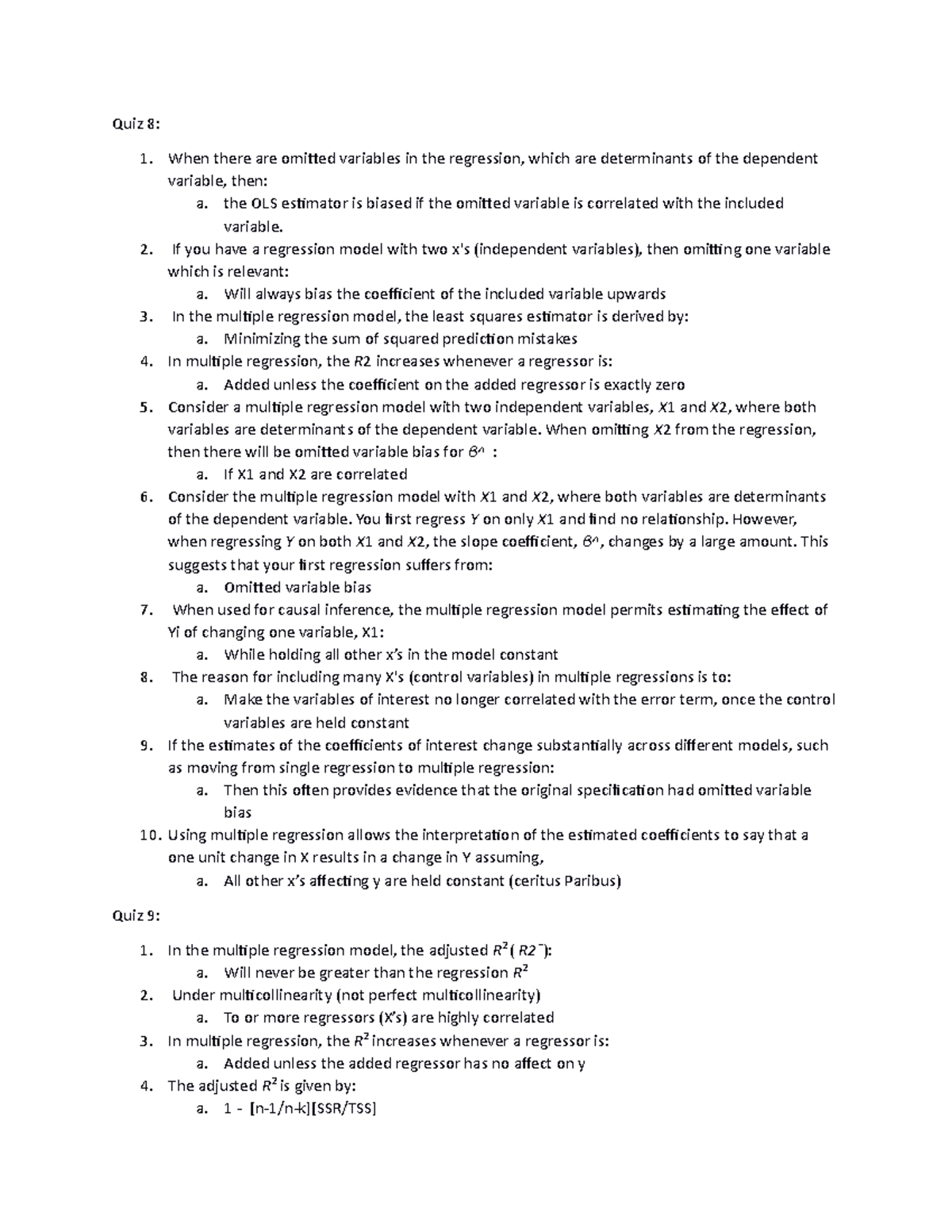 Quiz 8: Omitted Variables Multiple Regression and Causal Inference - Studocu
