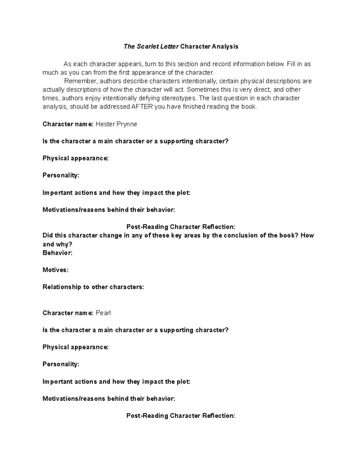 Character Analysis - Fill in as much as you can from the first ...