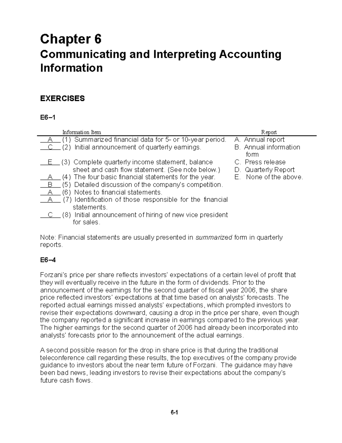 Ch06 - .... - Chapter 6 Communicating and Interpreting Accounting Information EXERCISES E6 ...