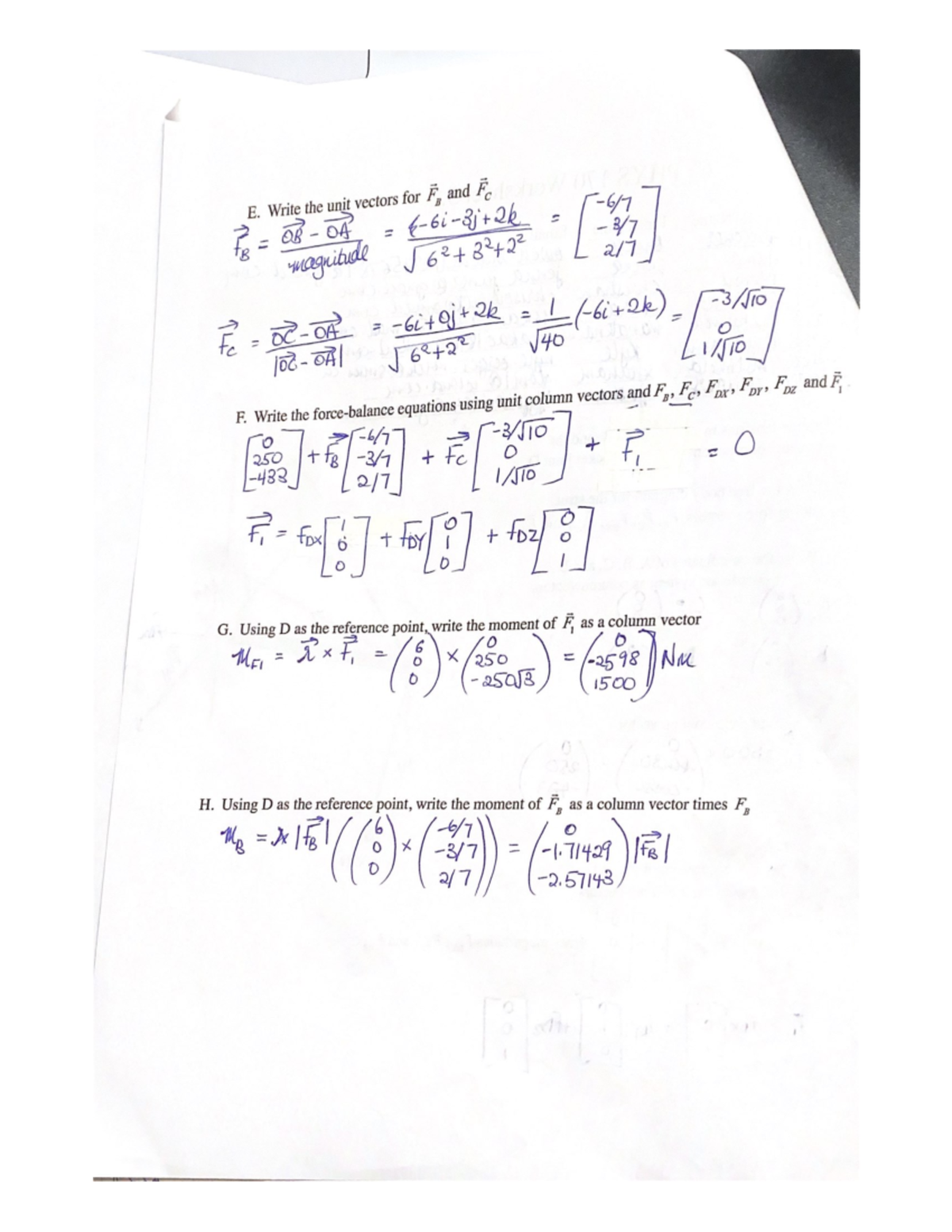 PHYS 170 Worksheet 5 - E. Write the unit vectors for FB and FC J Fc OA Para F. Write the ...