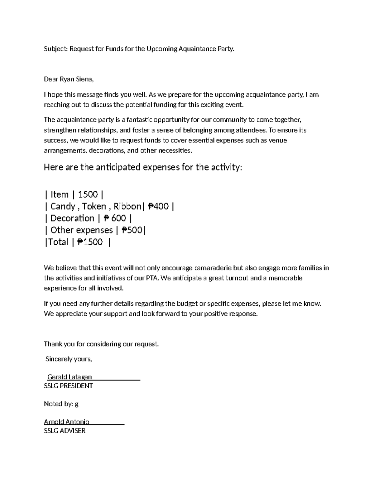 Document (13) - we have - Subject: Request for Funds for the Upcoming ...