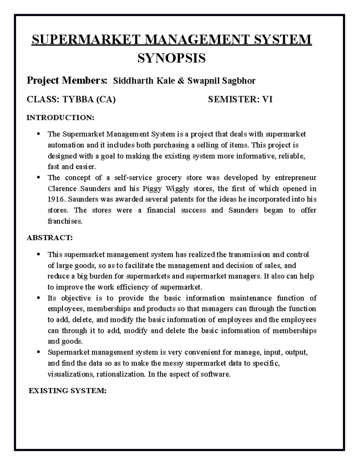 Super Market- Synopsis - SUPERMARKET MANAGEMENT SYSTEM SYNOPSIS Project ...