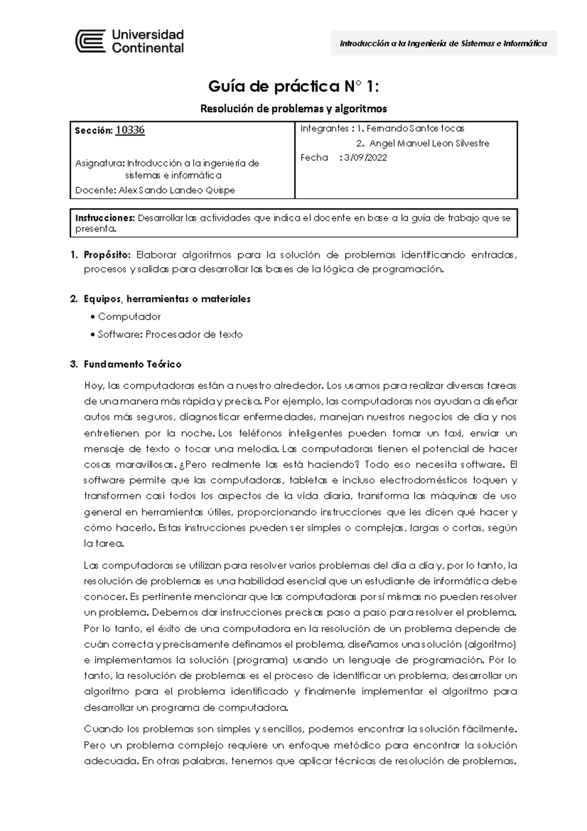 Lab-01 - practica - GuÌa de pr·ctica N∞ 1: ResoluciÛn de problemas y algoritmos SecciÛn: 10336 ...