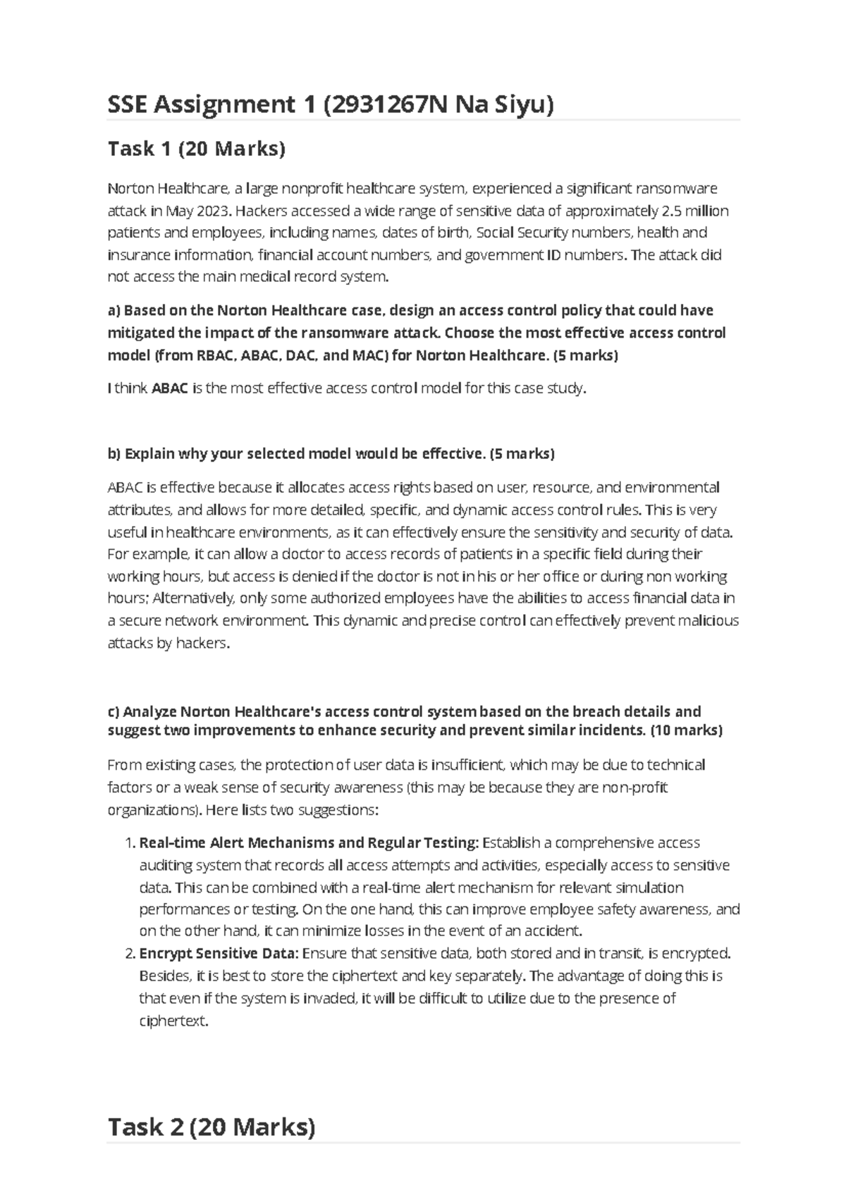 Sse assignment 1 - SSE Assignment 1 (2931267N Na Siyu) Task 1 (20 Marks ...
