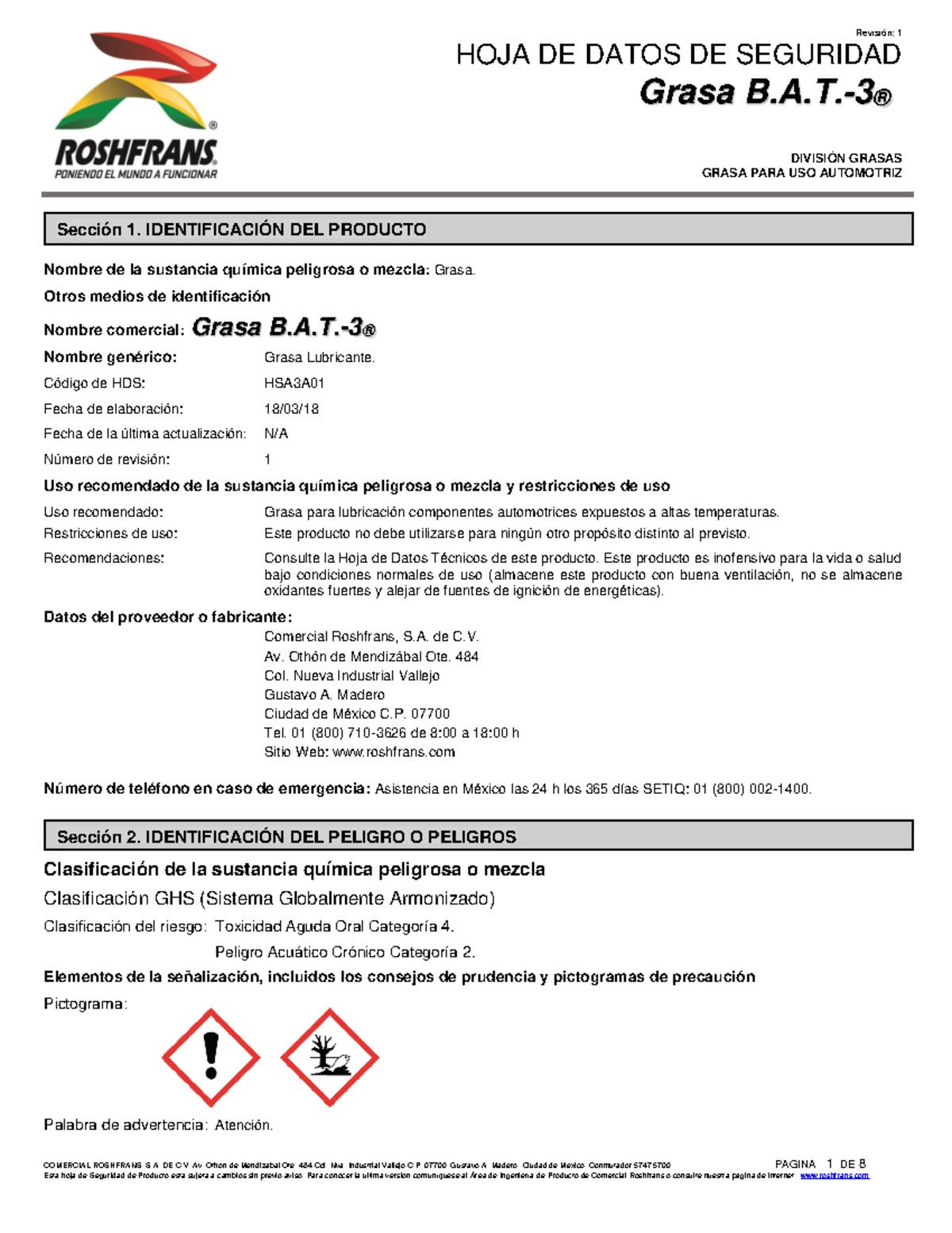 Grasa lubricante automotriz HDS - HOJA DE DATOS DE SEGURIDAD Grasa B.A ...