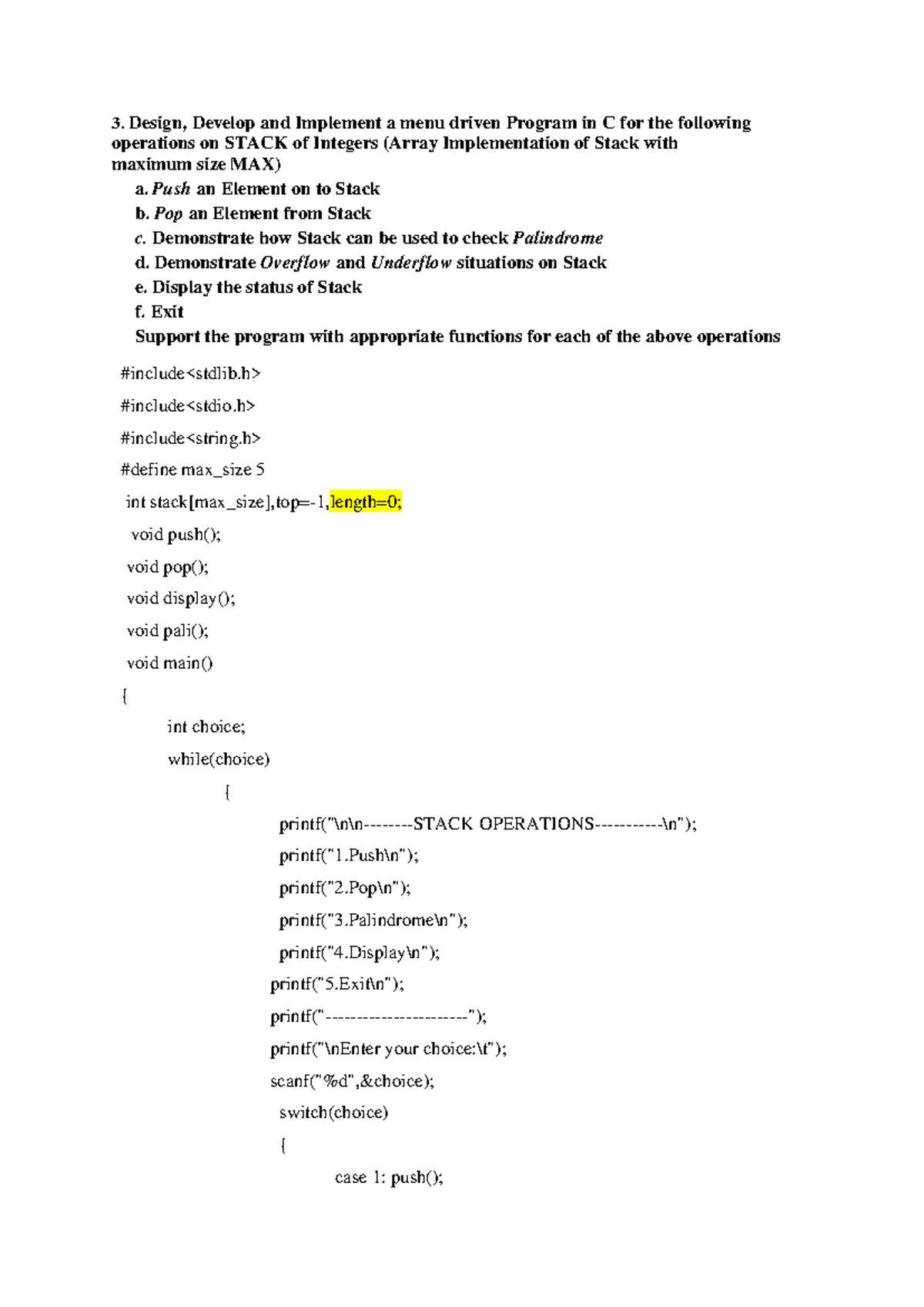 DS Lab 2 - Design, Develop and Implement a menu driven Program in C for the following operations ...