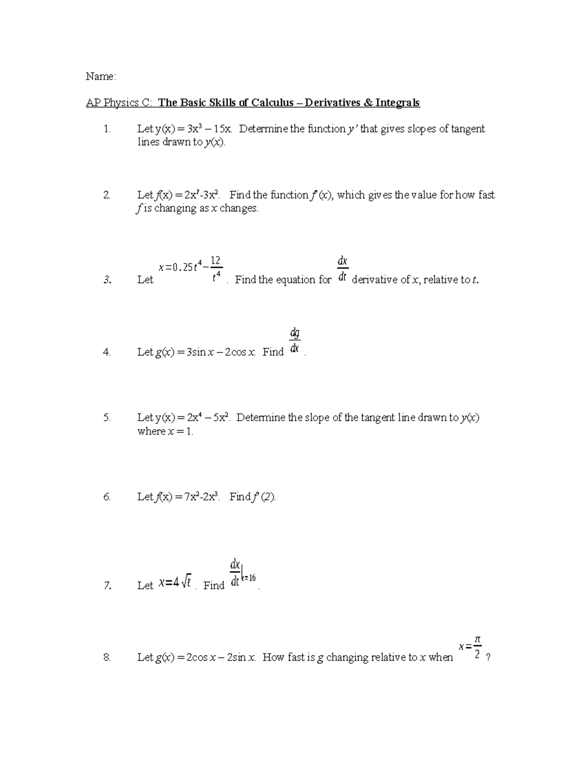 Worksheet - Calculus - Work - Name: AP Physics C: The Basic Skills of ...