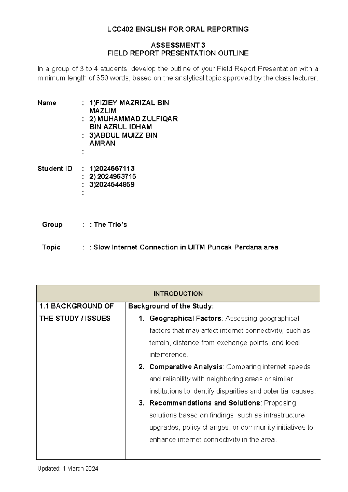 Outline LCC402 Group - LCC402 ENGLISH FOR ORAL REPORTING ASSESSMENT 3 ...