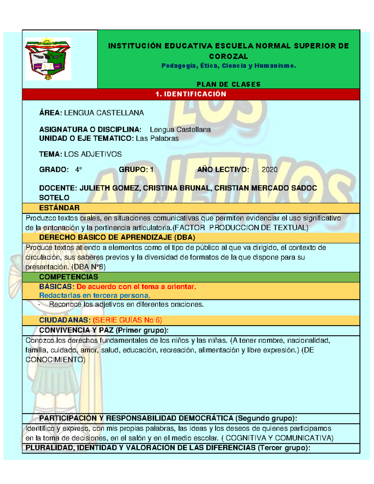 PLAN DE Clases Lengua Castellana CIPA 4 - INSTITUCIÓN EDUCATIVA ESCUELA NORMAL SUPERIOR DE ...