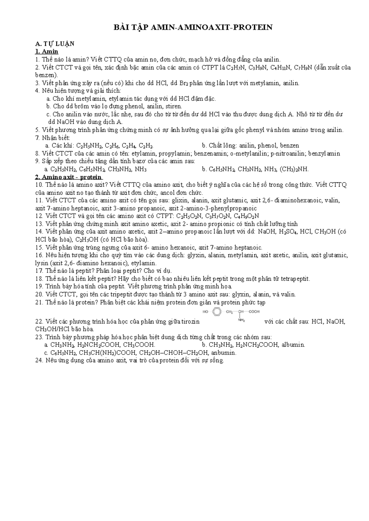 BÀI TẬP AMIN( 8-9-2021) - BÀI TẬP AMIN-AMINOAXIT-PROTEIN A. TỰ LUẬN Amin Thế nào là amin? Viết ...